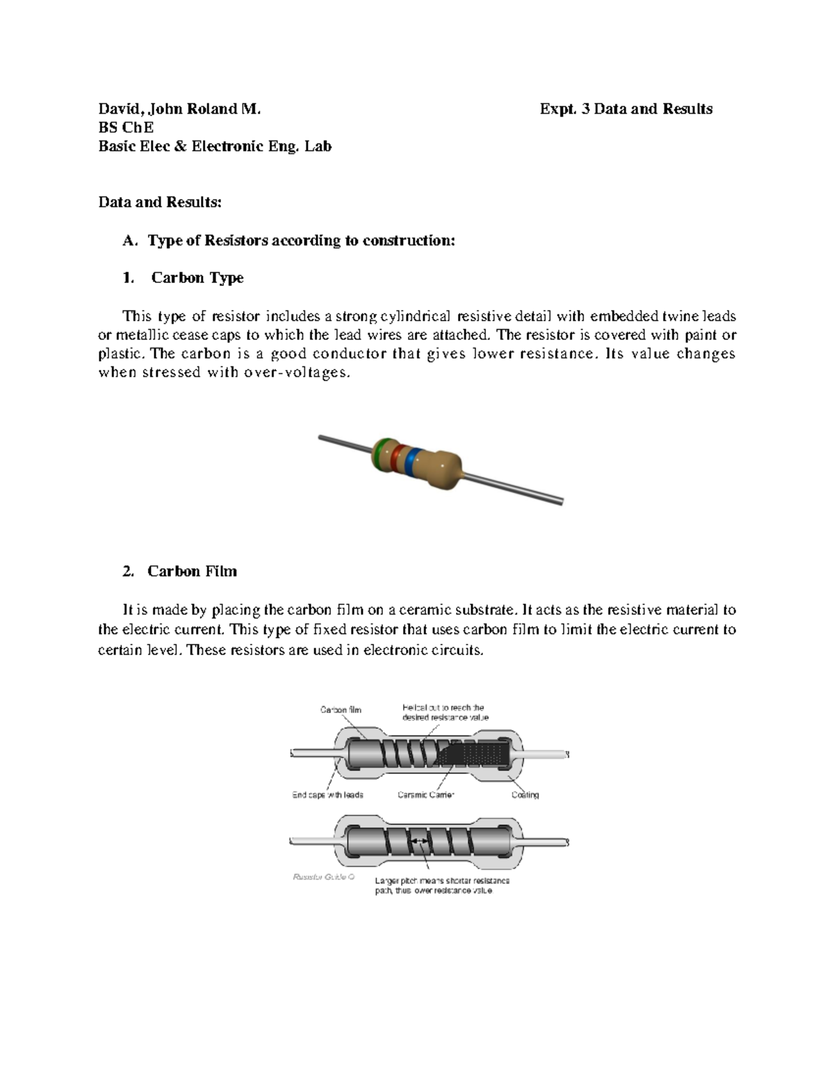 BEE lab Experiment 3 Data and Results - David, John Roland M. Expt. 3 ...