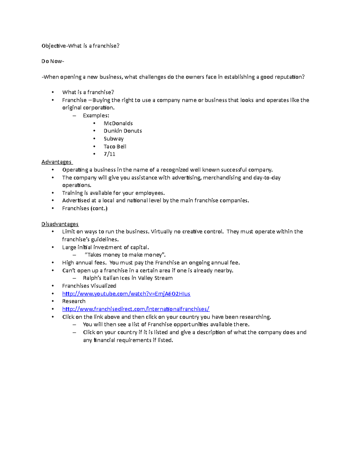 Franchise GO - Lecture notes 3 - Objective-What is a franchise? Do Now ...