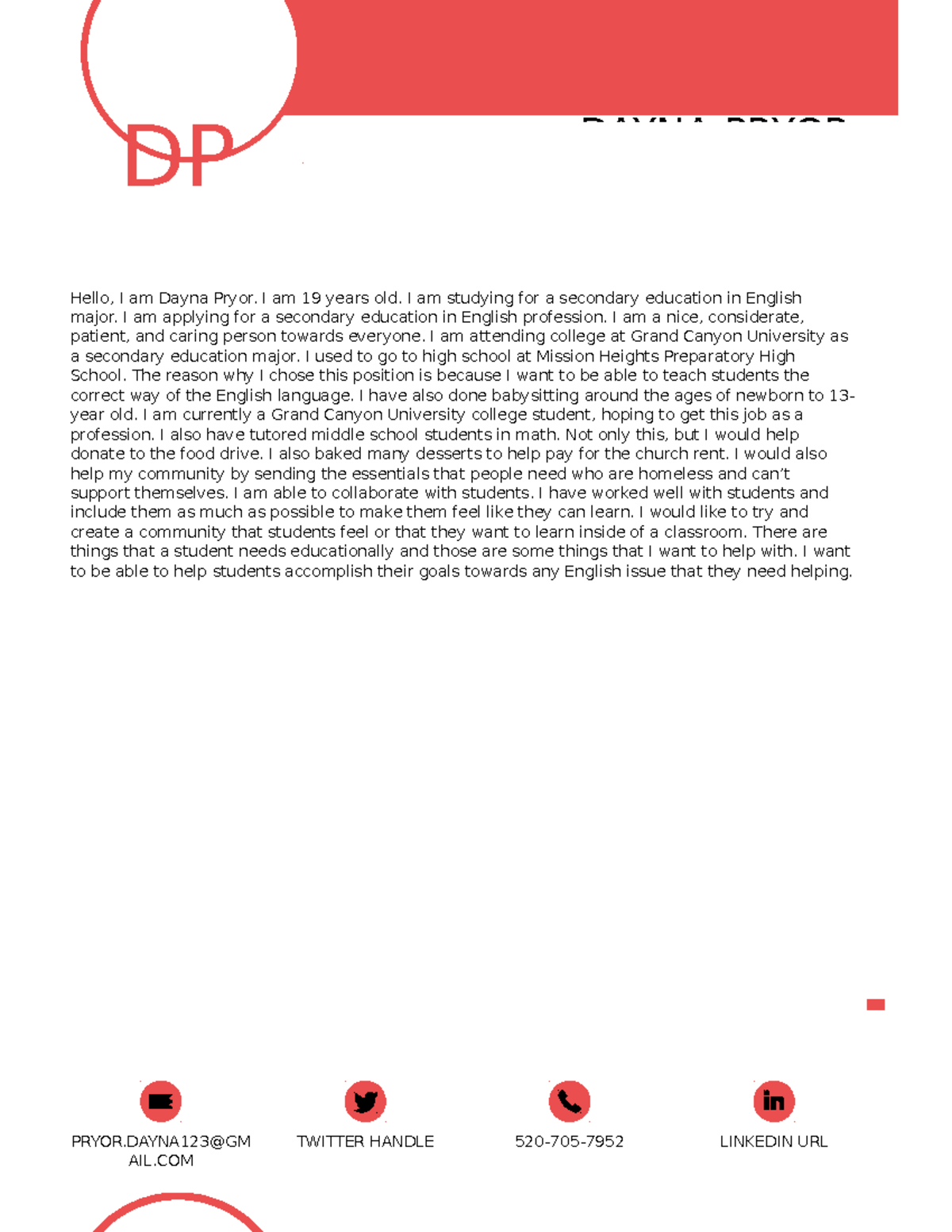 Cover letter and resume - DP DAYNA PRYOR Hello, I am Dayna Pryor. I am ...
