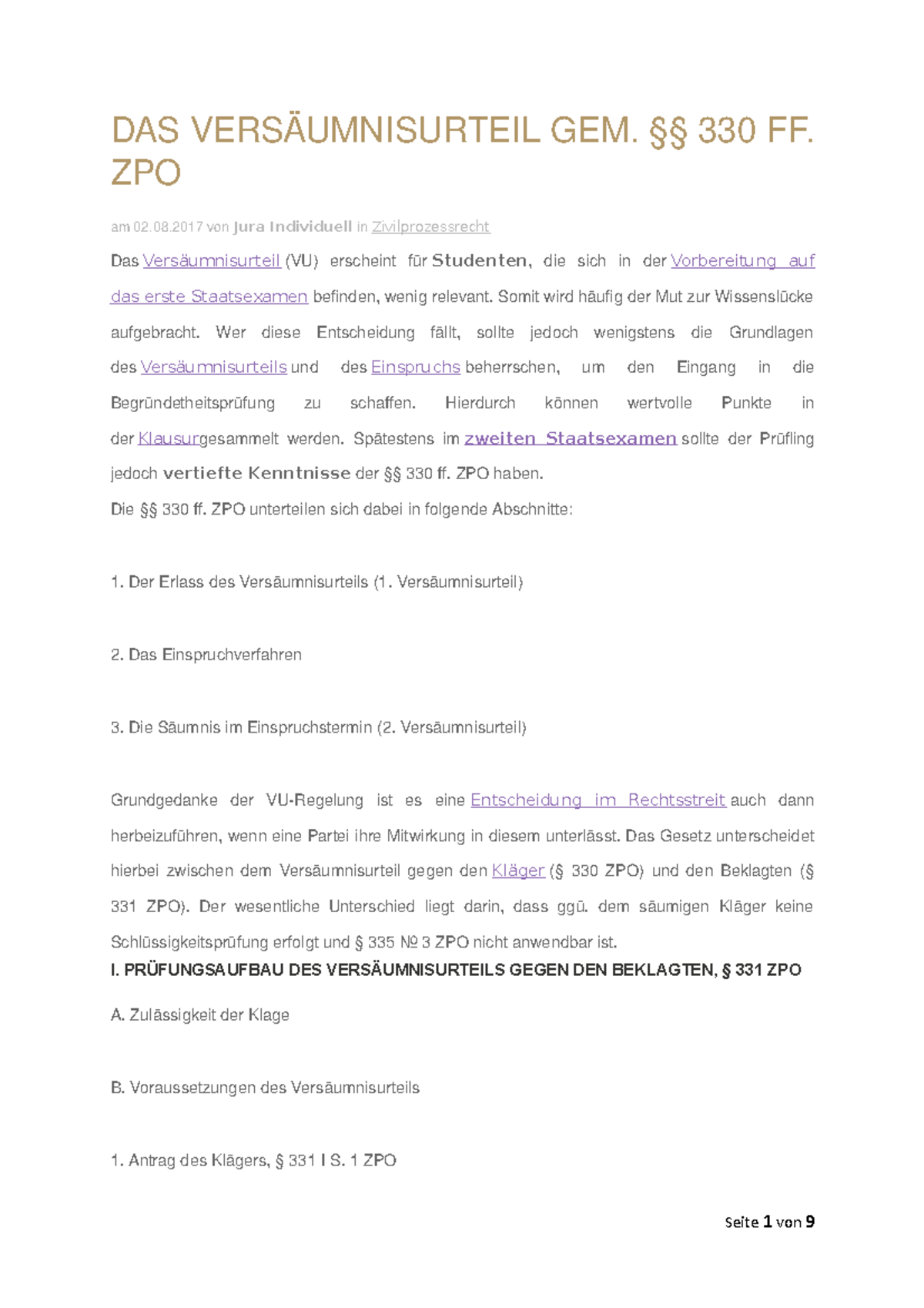 DAS VersÄumnisurteil - DAS GEM. 330 FF. ZPO am 02.08 von Jura ...