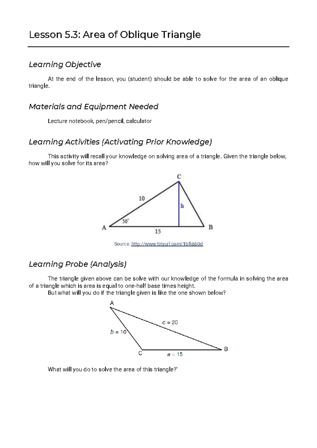Math-III-Lesson-5.3 - gWUFfufwlU - Lesson 5: Area of Oblique Triangle ...