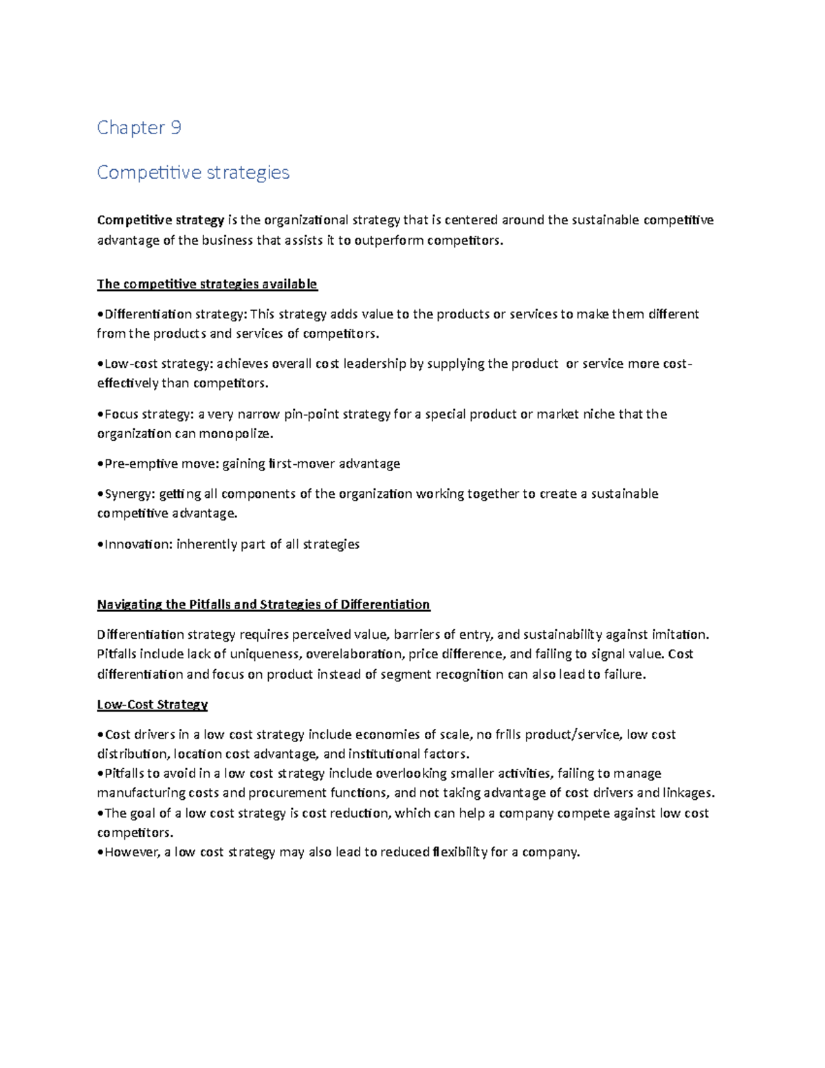 Chapter 9 - Summary - Chapter 9 Competitive strategies Competitive ...