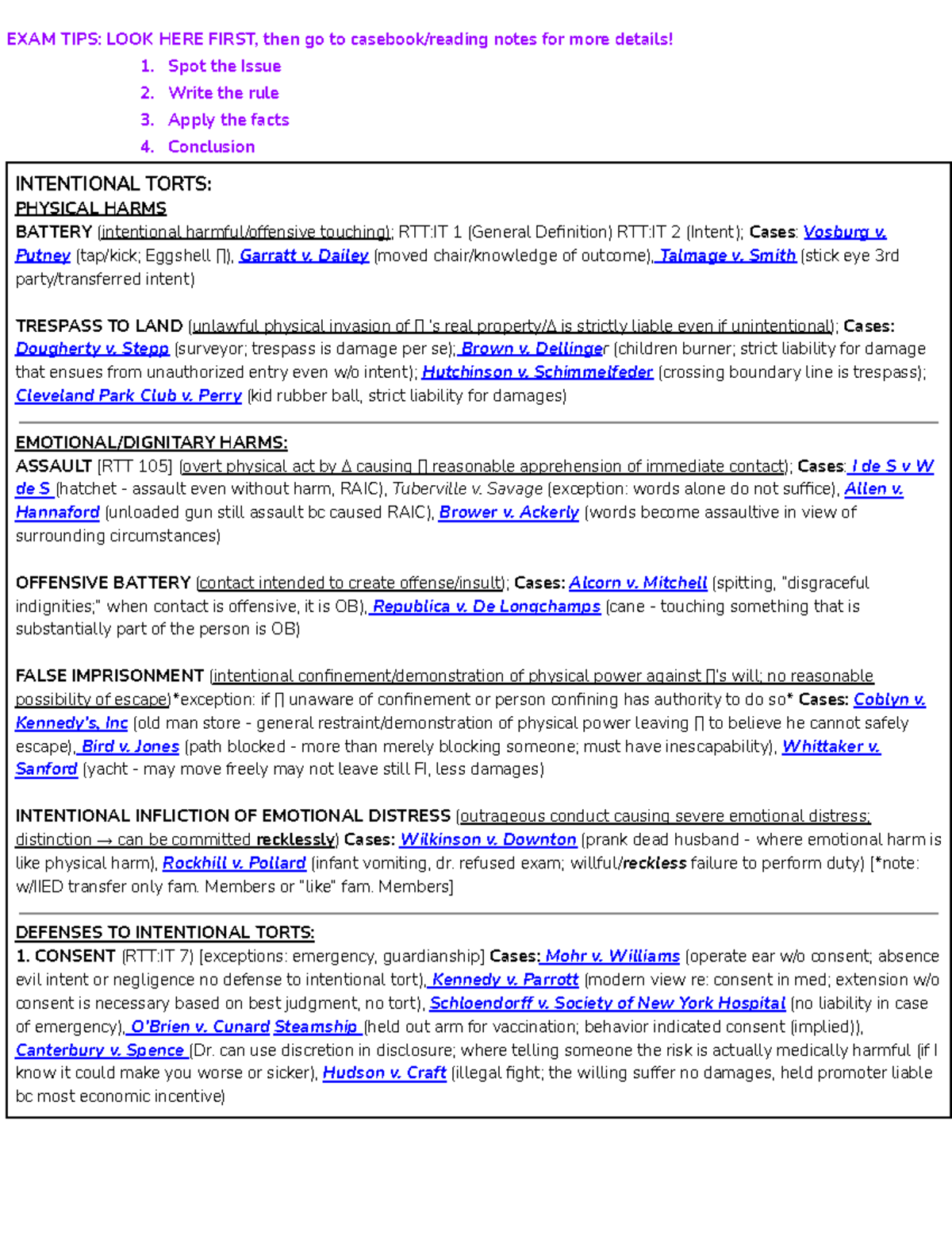 Torts -Law - 5 PAGE Outline For Final Exam - EXAM TIPS: LOOK HERE FIRST ...