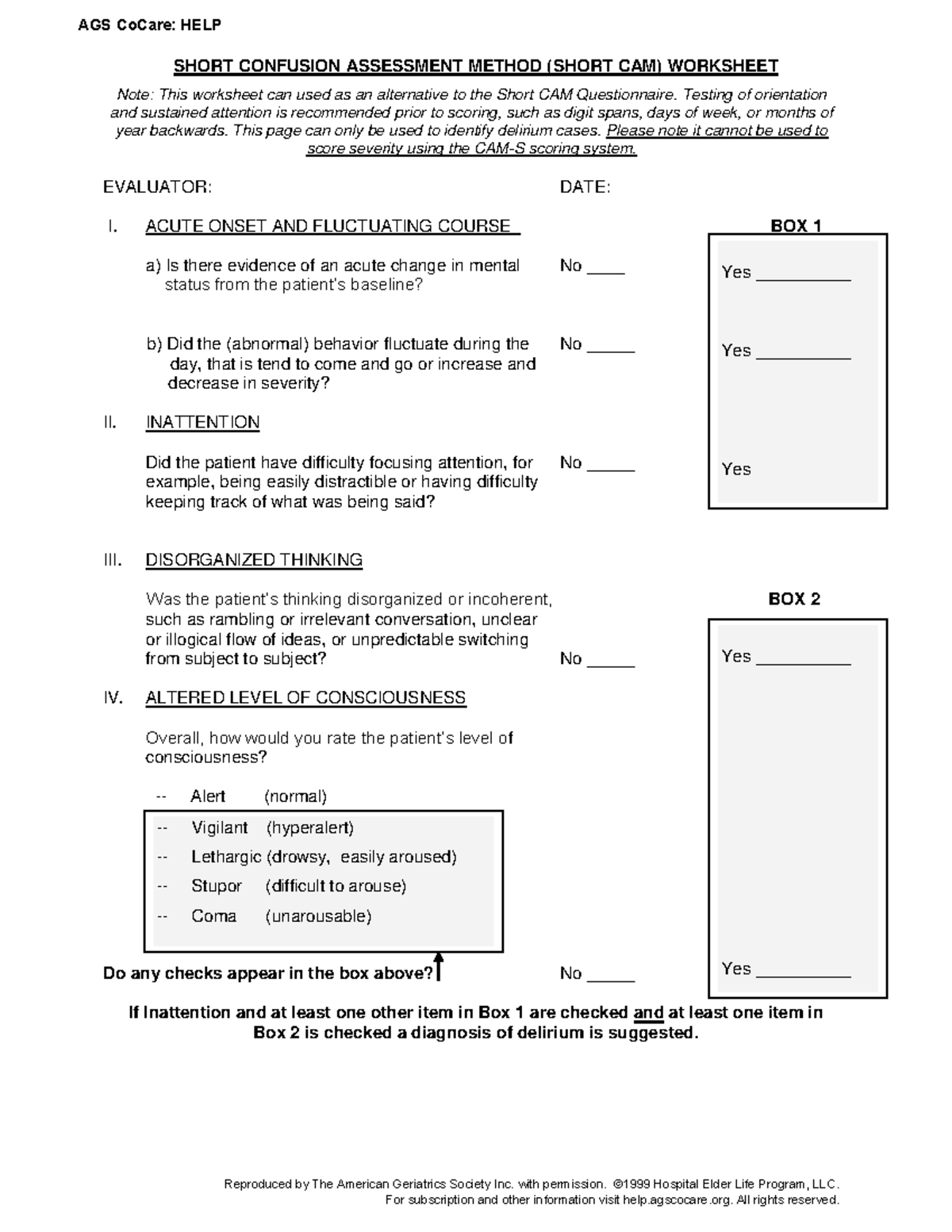 CAM-S English - Test Form - SHORT CONFUSION ASSESSMENT METHOD (SHORT ...