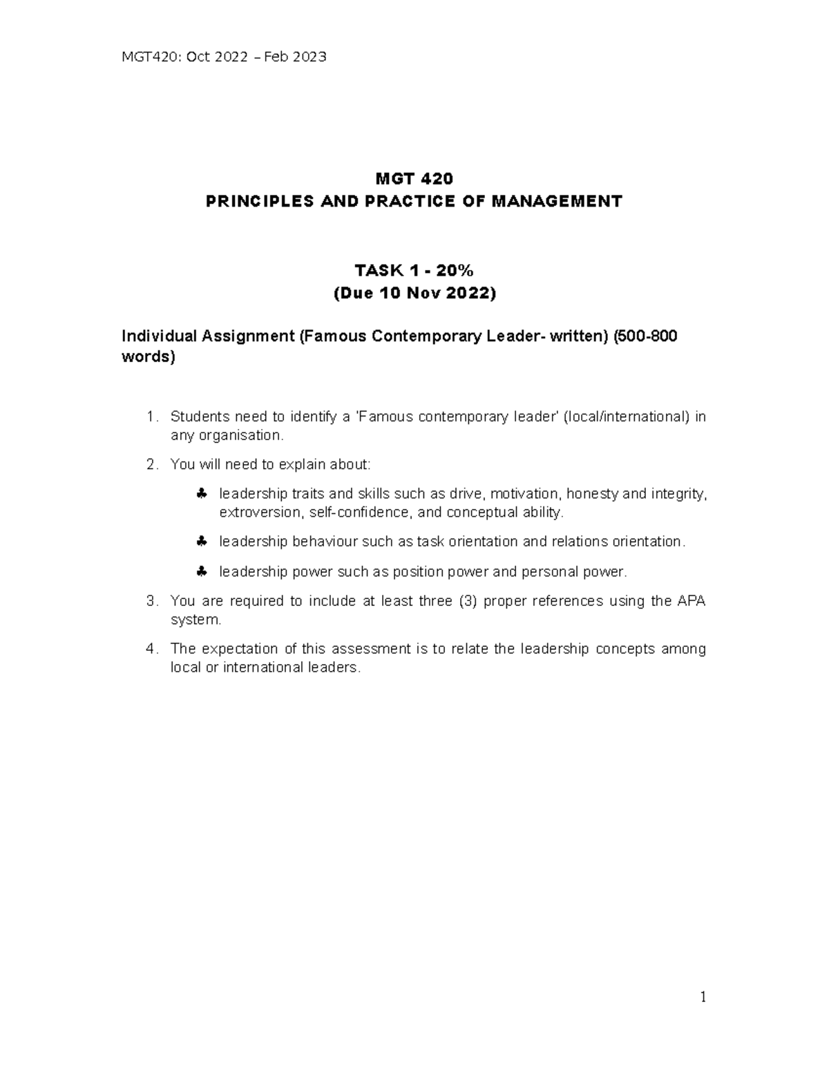 Individual Assignment Oct 2022 - MGT420: Oct 2022 – Feb 2023 MGT 420 PRINCIPLES AND PRACTICE OF ...
