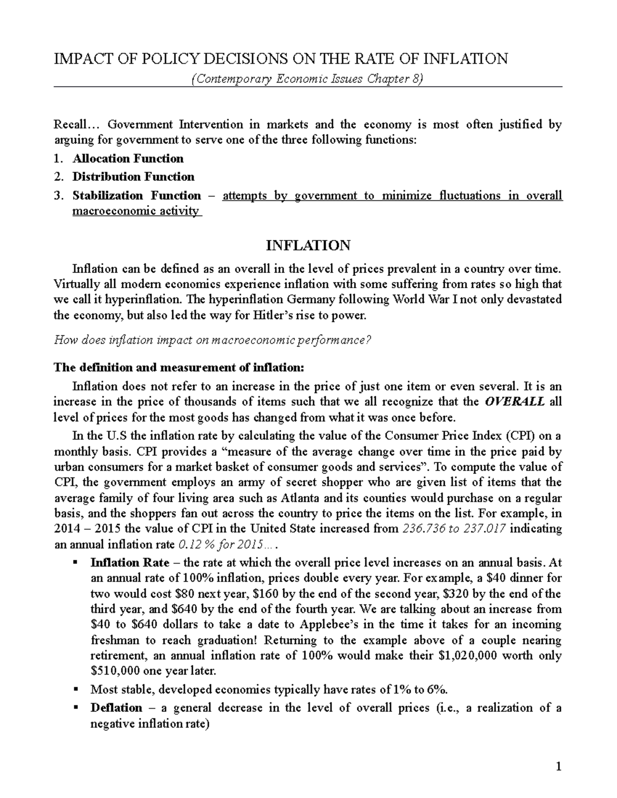 Chapter 8 Inflation Lecture - IMPACT OF POLICY DECISIONS ON THE RATE OF ...