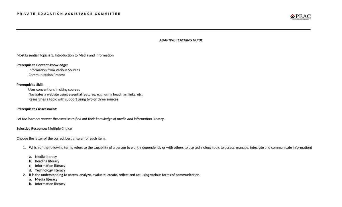 MIL MET1 ATG - ADAPTIVE TEACHING GUIDE Most Essential Topic # 1: Introduction to Media and - Studocu
