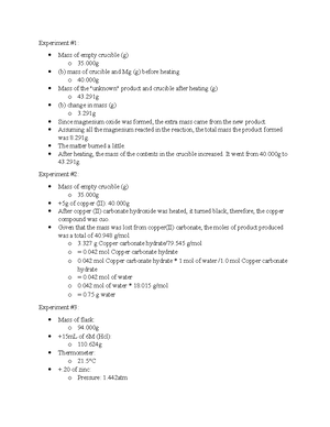 Lab 7 notes - Experiment #1: Mass of empty crucible (g) o 35 (b) mass ...