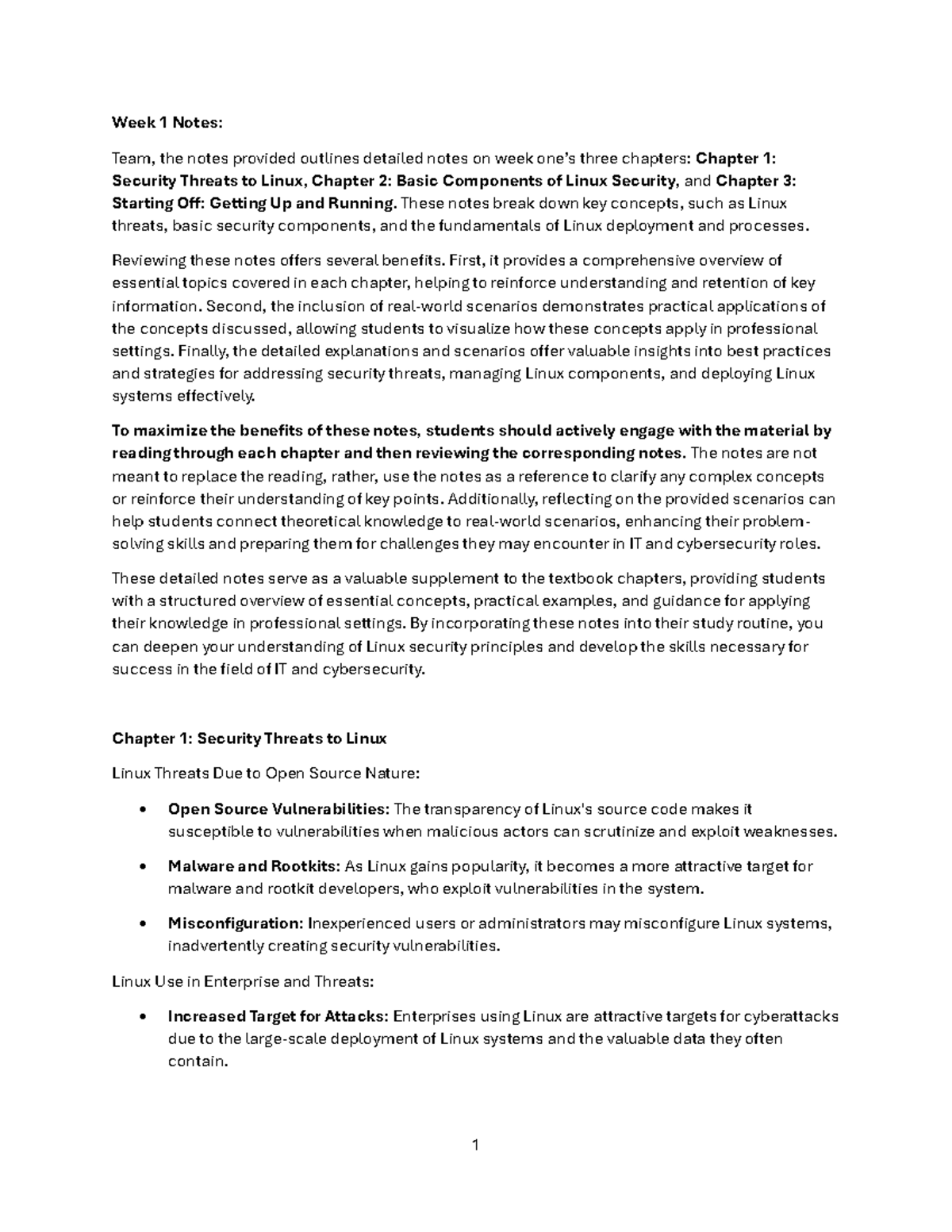 Week 1 Notes - Week 1 Notes: Team, the notes provided outlines detailed ...