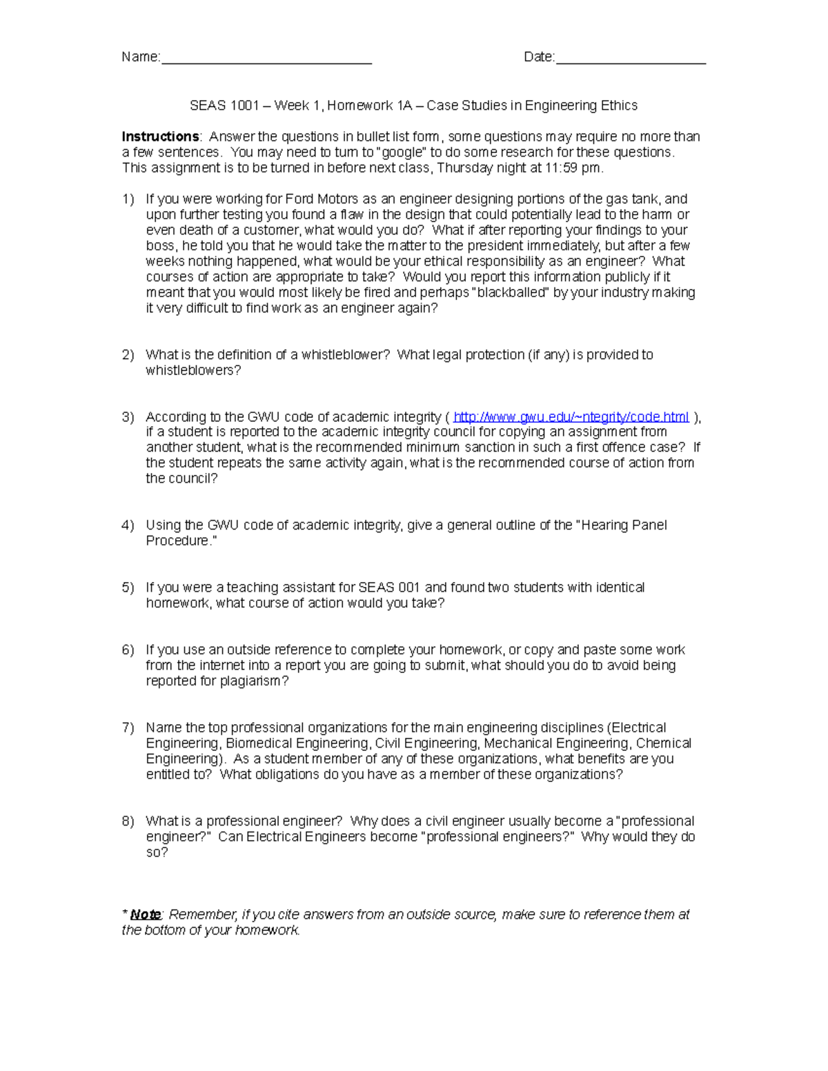 Week1 HW 1A Engineering Ethics Case Studies Homwork V22 Name