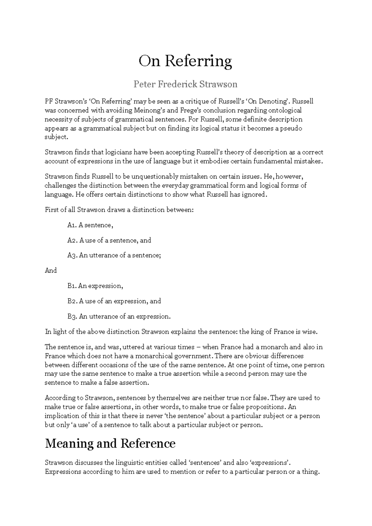 Strawson’s On Referring - On Referring Peter Frederick Strawson PF ...