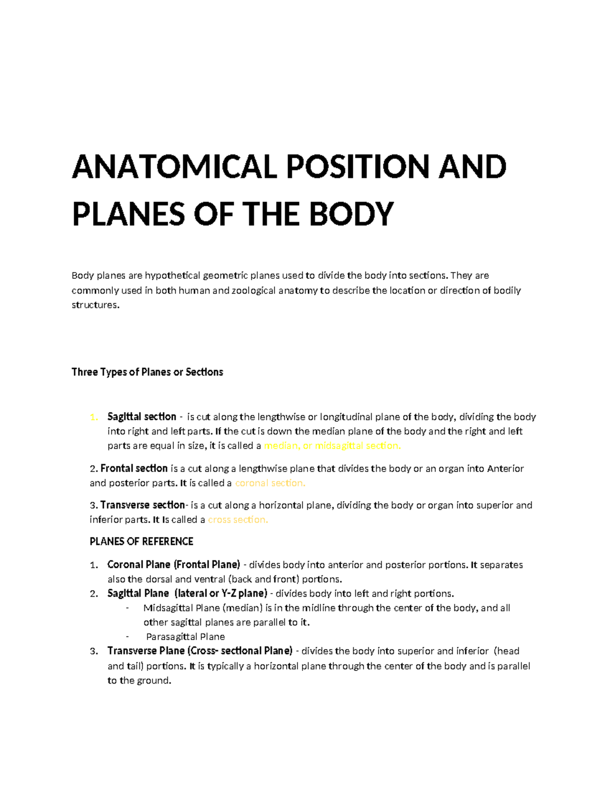Anatomical Position AND Planes OF THE BODY - ANATOMICAL POSITION AND ...
