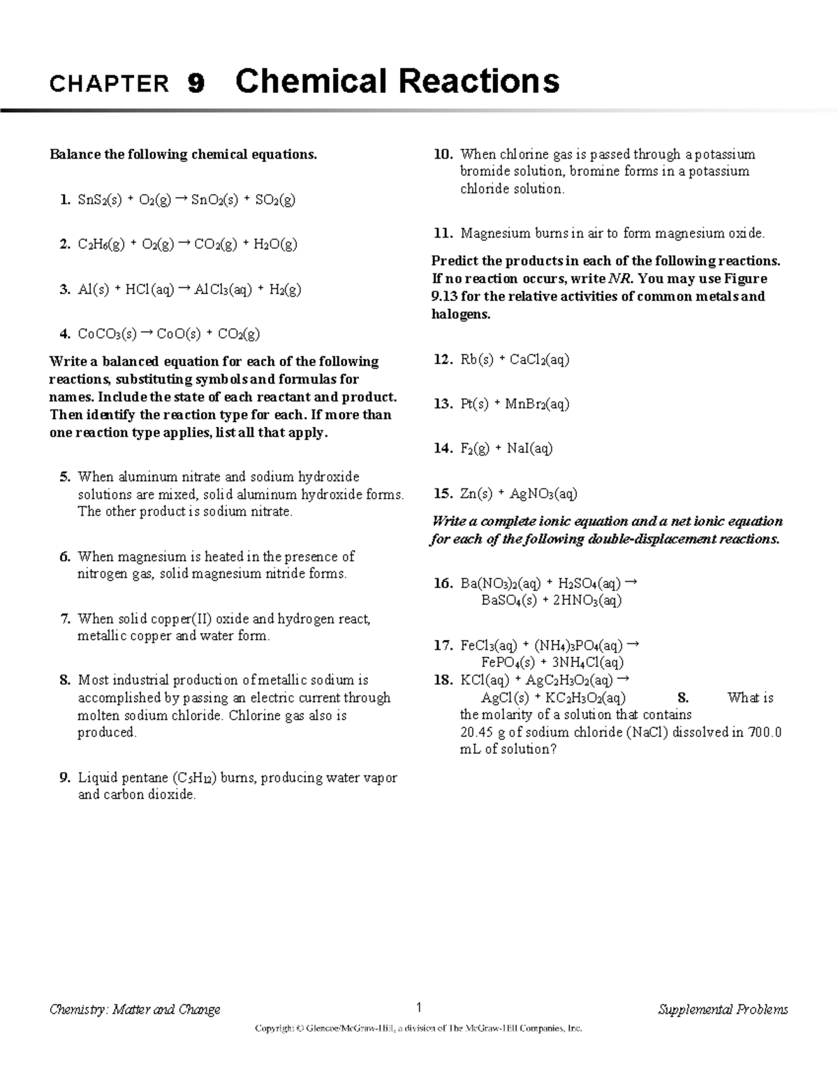 Ch 9 14 18 joint supp prob and answers - CHAPTER 9 Chemical Reactions ...