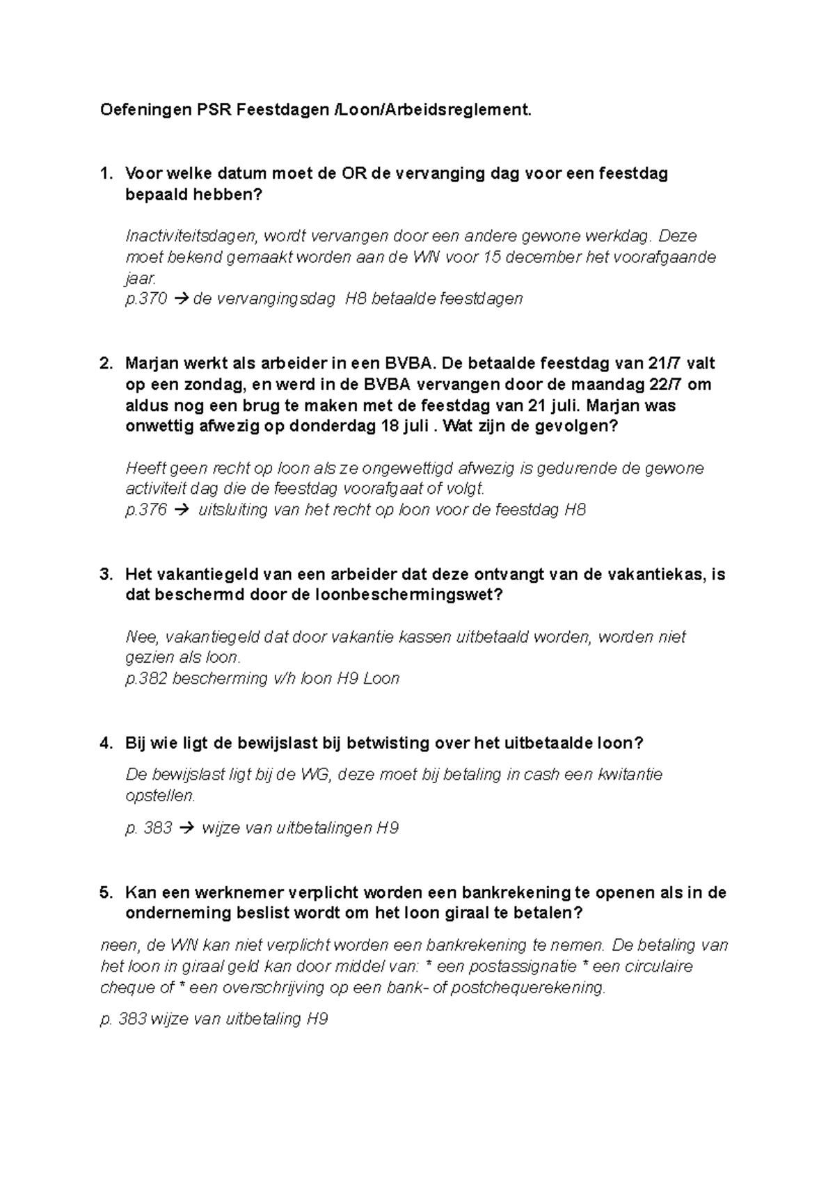 PSR Oefeningen Feestdagen LOON Arbeidsreglement 2020 2021 - Oefeningen ...