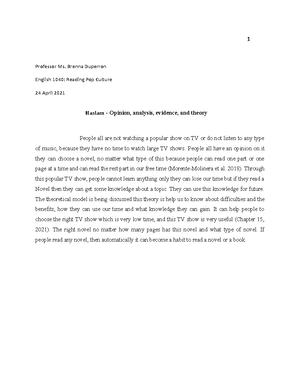 Short writing assignment 1 - l 1 Professor Ms. Brenna Duperron English ...