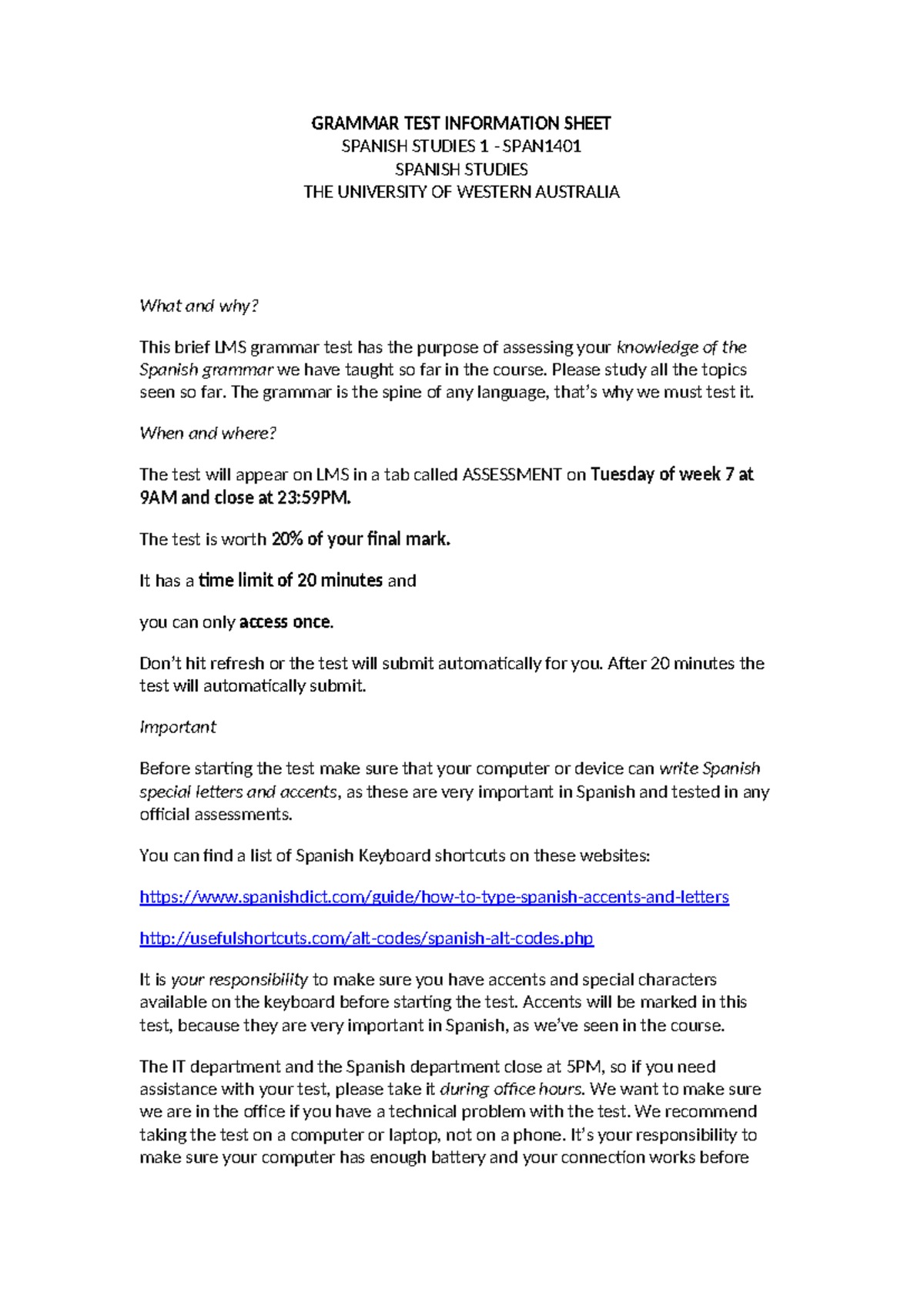 NWST Grammar test - info sheet - GRAMMAR TEST INFORMATION SHEET SPANISH ...