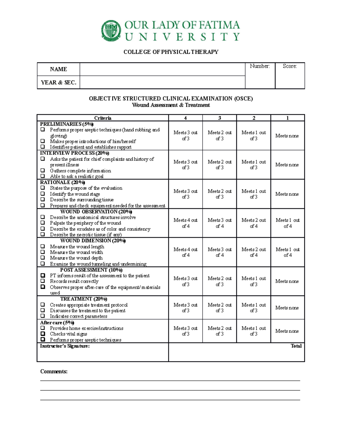 OSCE- Wound-Rubric - N/a - COLLEGE OF PHYSICAL THERAPY NAME Number ...