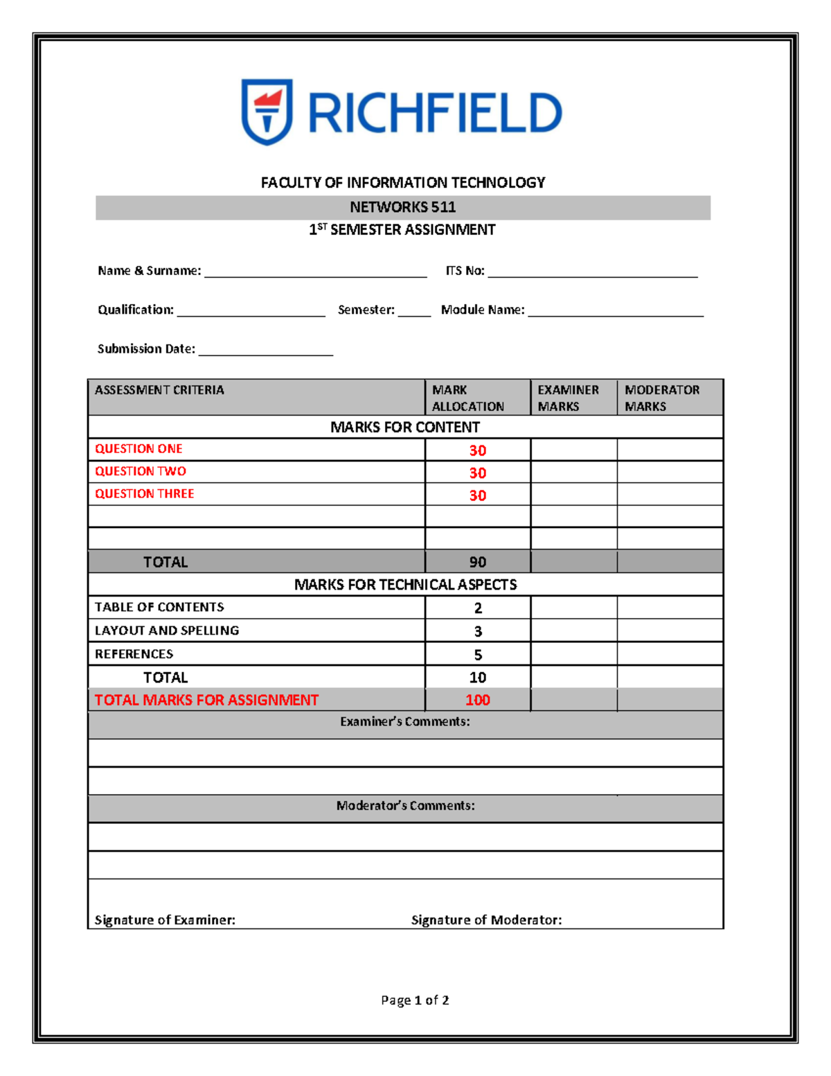 Networks 511 Assignment - Page 1 of 2 FACULTY OF INFORMATION TECHNOLOGY ...