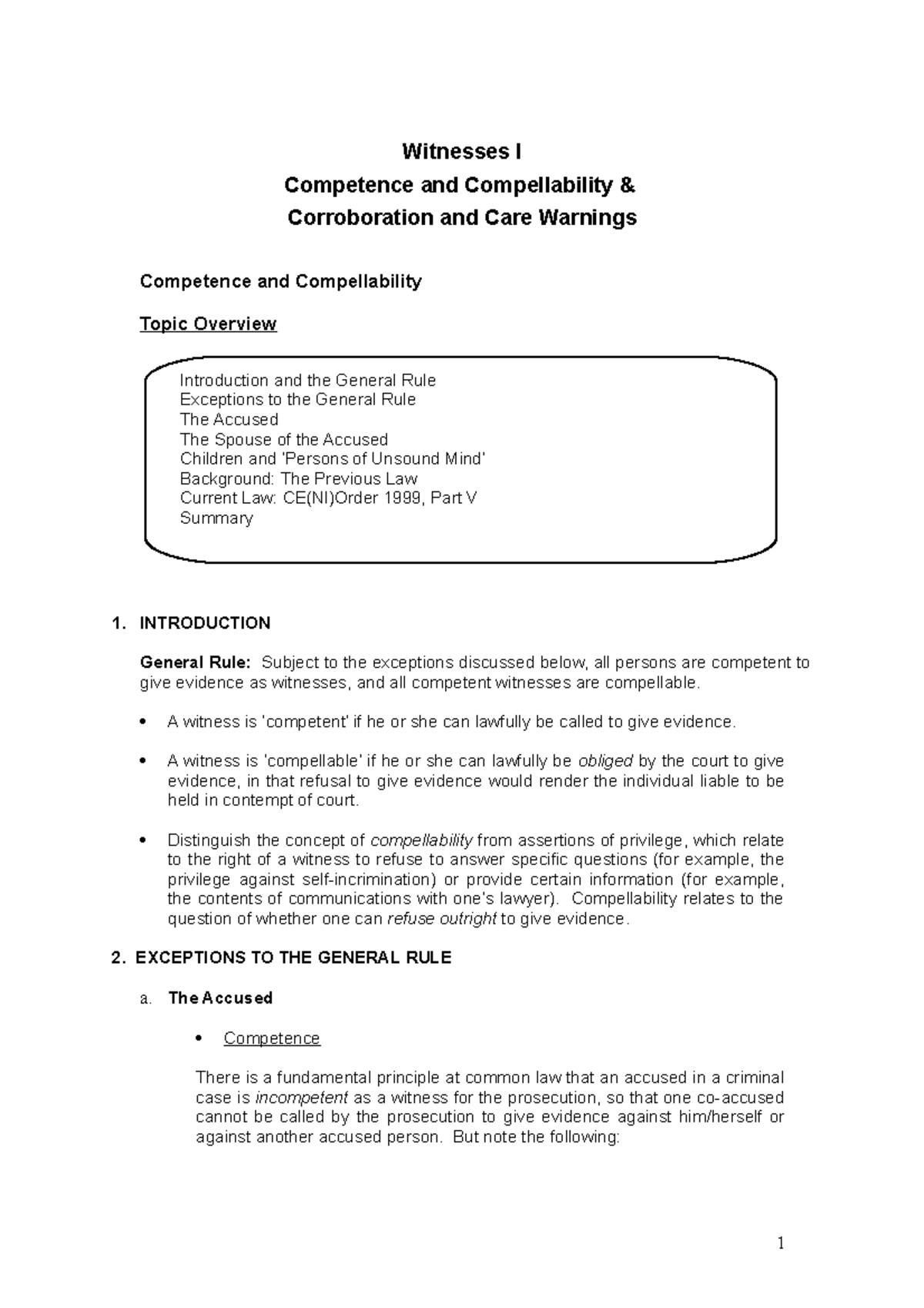 Witnesses 1 Handout - Witnesses I Competence and Compellability ...