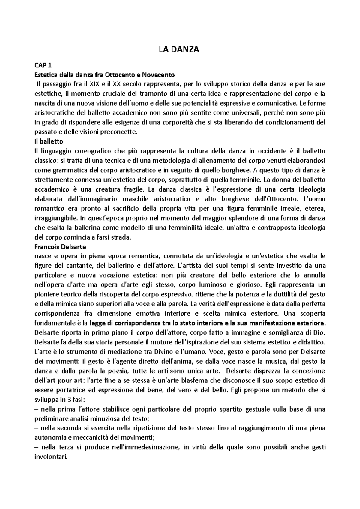 LA Danza Riassunto MIO - LA DANZA CAP 1 Estetica della danza fra ...