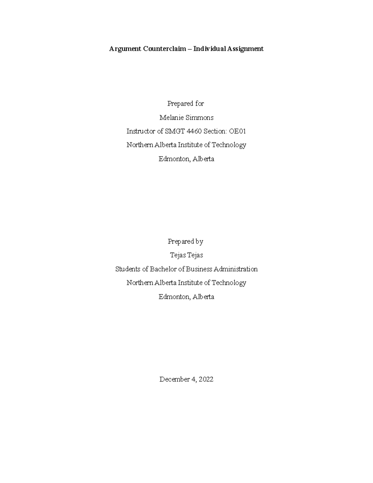 Major three papers of the course work - Argument Counterclaim ...