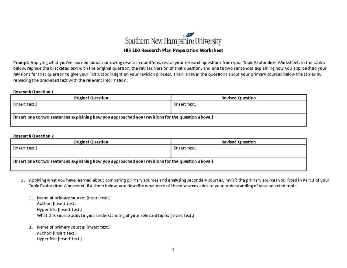 HIS 100 Research Plan Preparation Worksheet - HIS 100 Research Plan ...