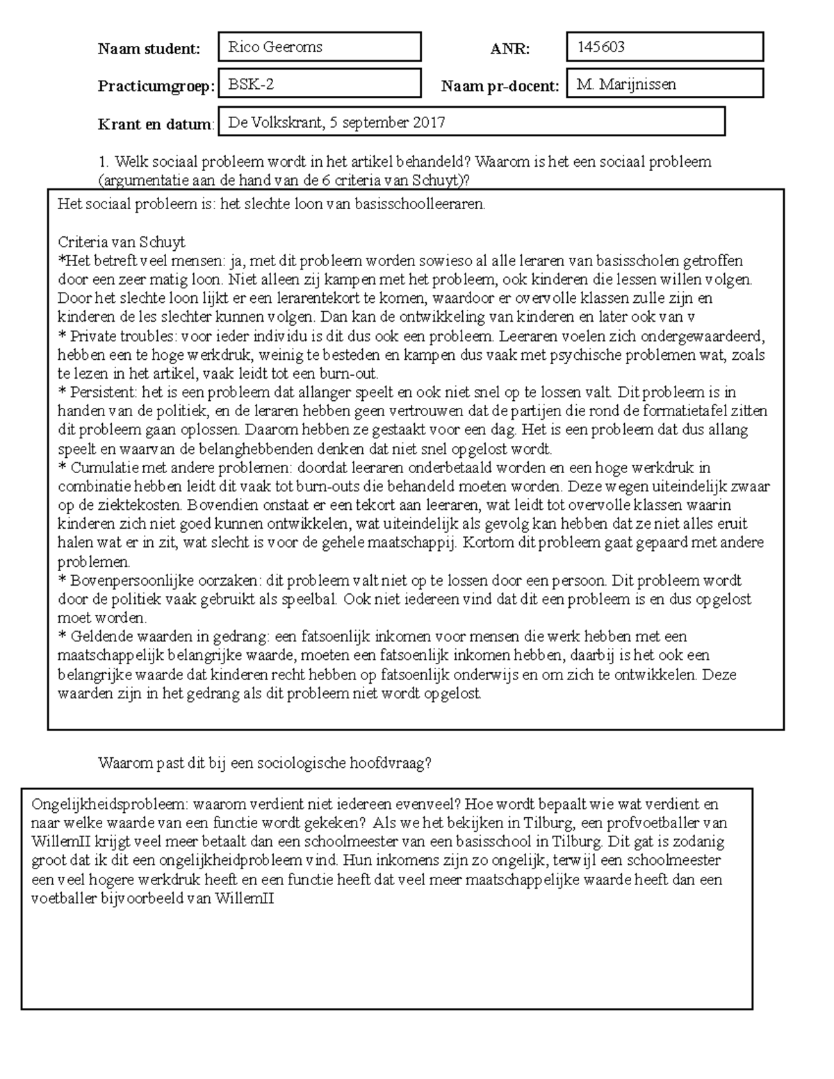 Sociologie voor punt opdr 1 - Naam student: Rico Geeroms Practicumgroep ...