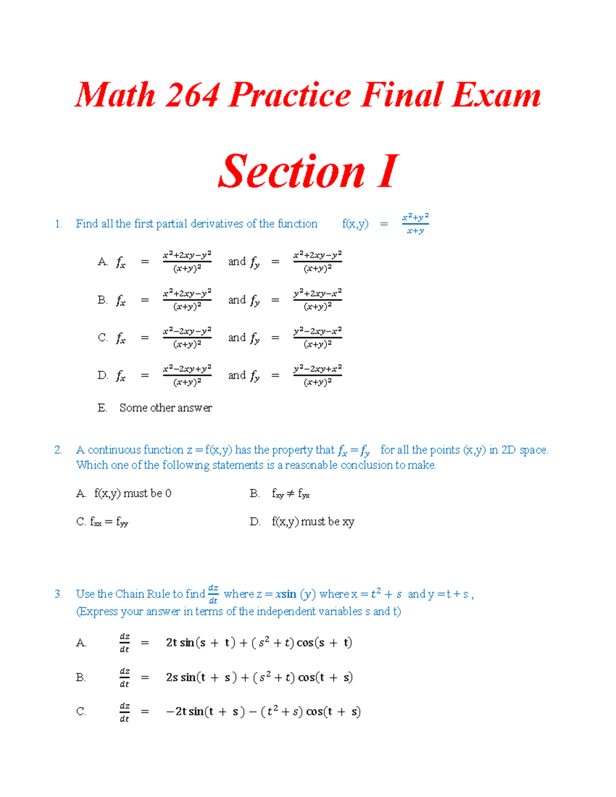 Math 264 Final Exam Practice with Solutions-3 - Math 264 Practice Final ...
