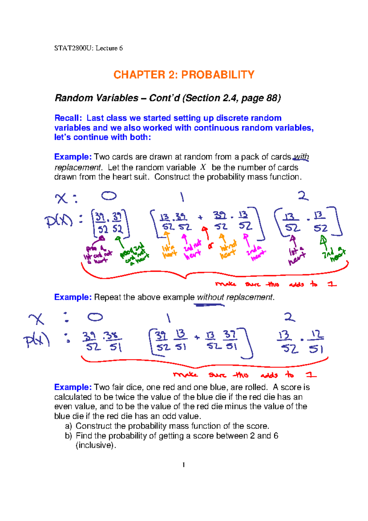 Lec6 - lec - CHAPTER 2: PROBABILITY Random Variables – Cont’d (Section 2, page 88) Recall: Last ...