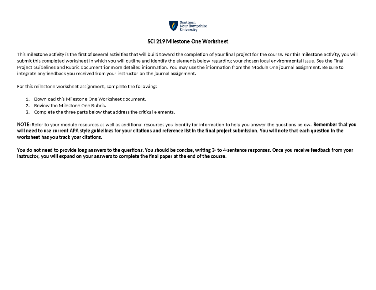 SCI 219 3-1 Milestone One Worksheet - SCI 219 Milestone One Worksheet ...