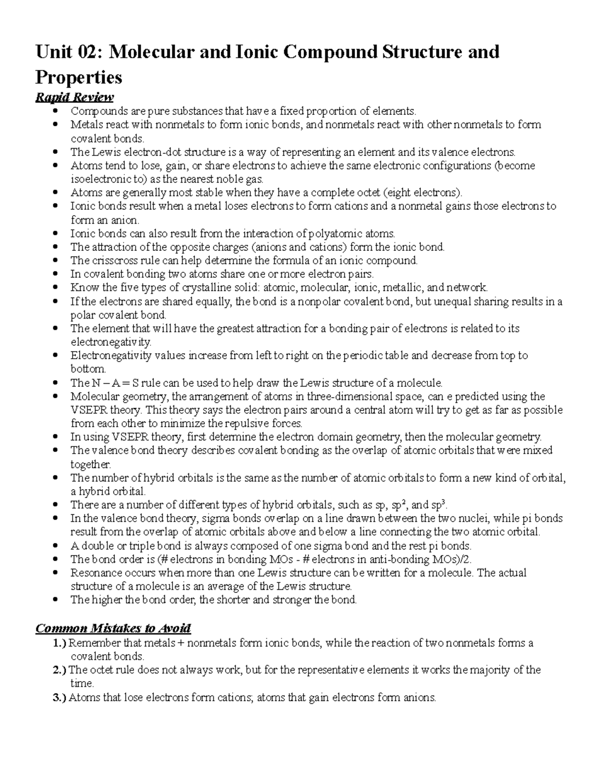 Unit 02 Rapid Review - Fundamentals of Chemistry Lecture Notes for ...