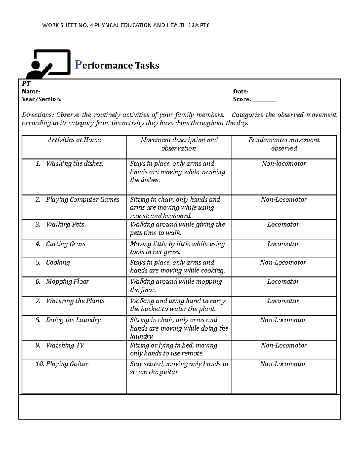 PE3,Assesment 3 Worksheet 10 , WEEK 7 - WORK SHEET NO. 4 PHYSICAL ...