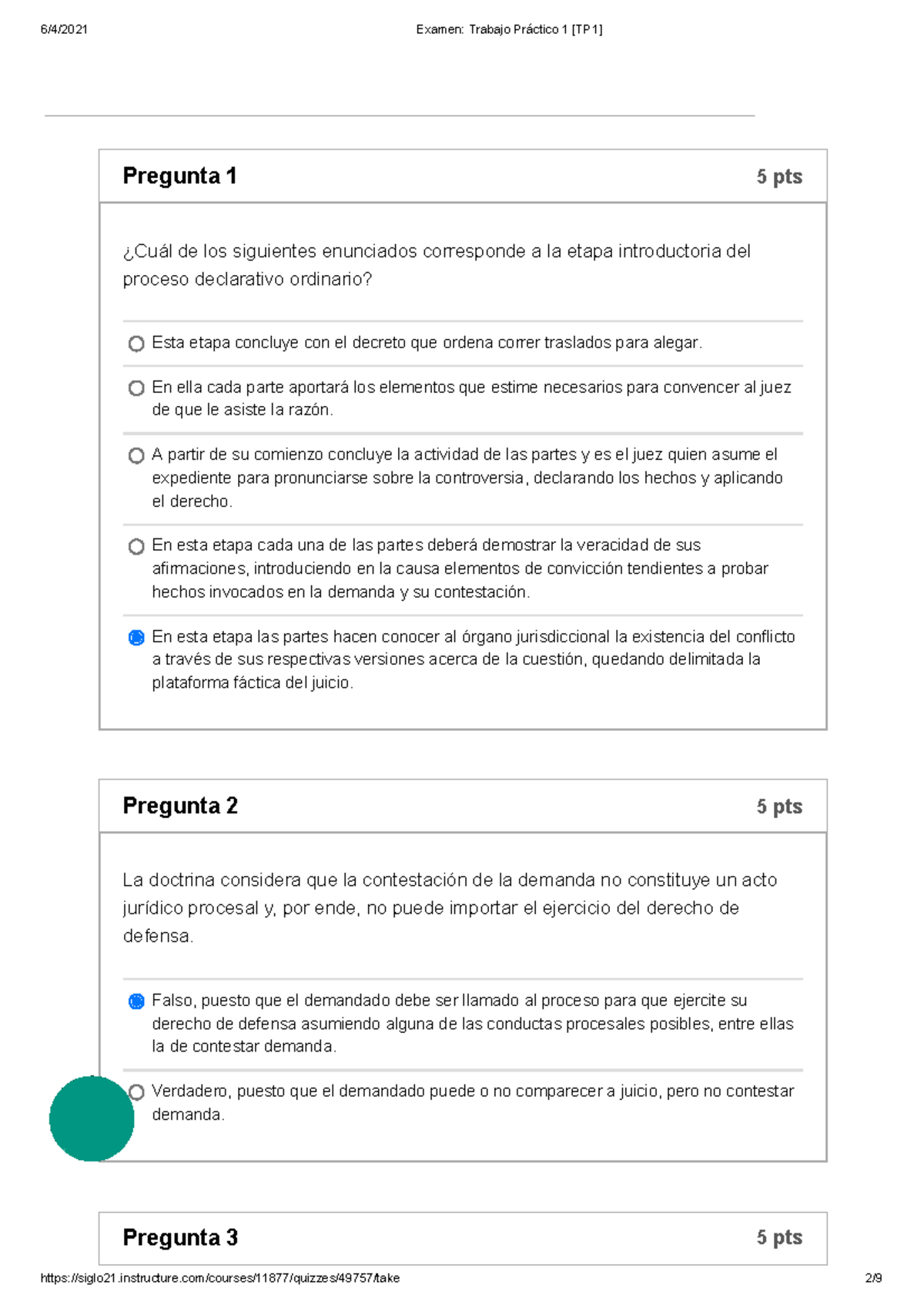 97,5 % Trabajo Práctico 1 Procesal II [TP1] - Pregunta 1 5 pts Esta etapa concluye con el ...
