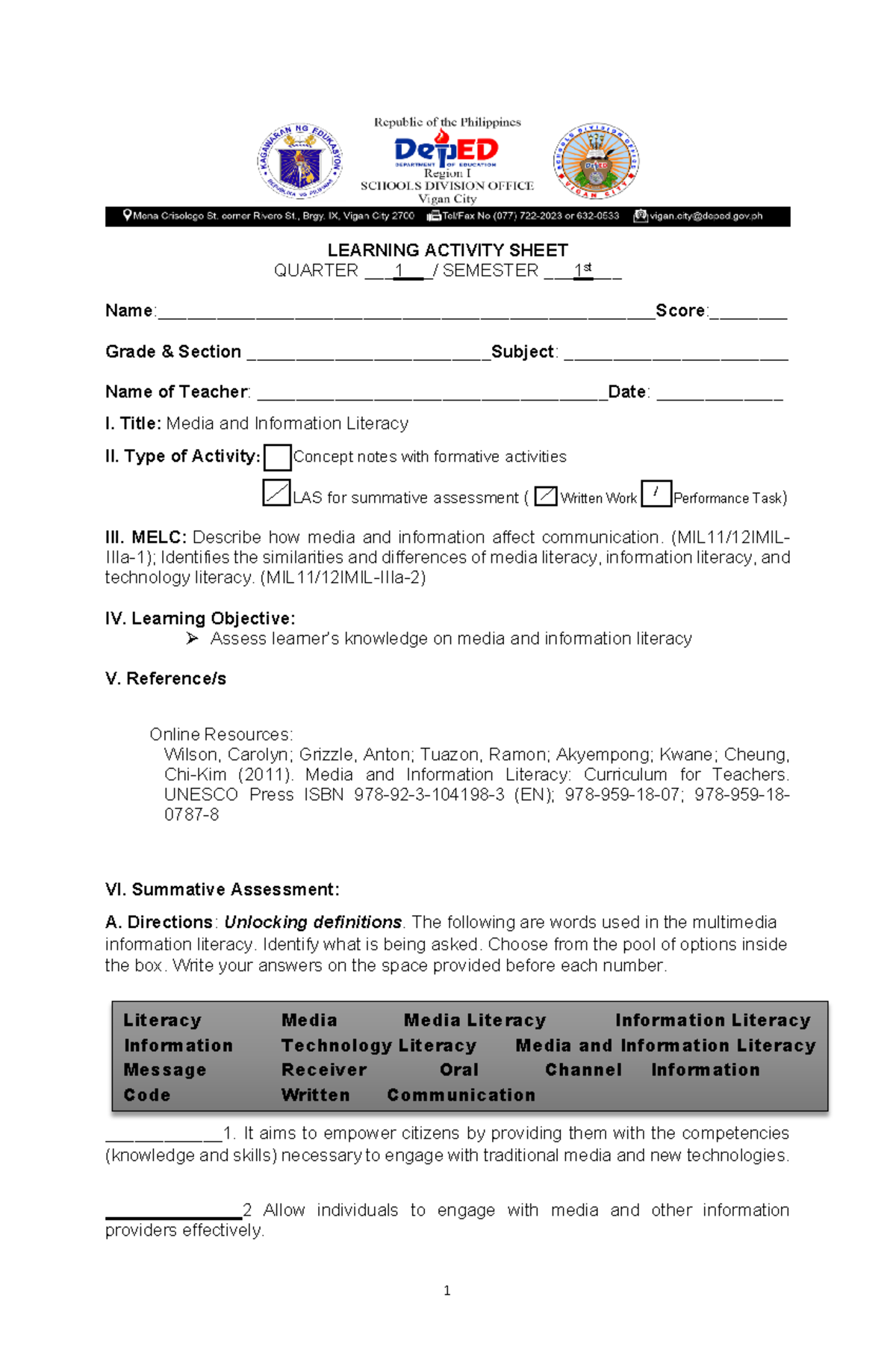 MIL FQ Summative Week 1-2 - 1 LEARNING ACTIVITY SHEET QUARTER 1 ...