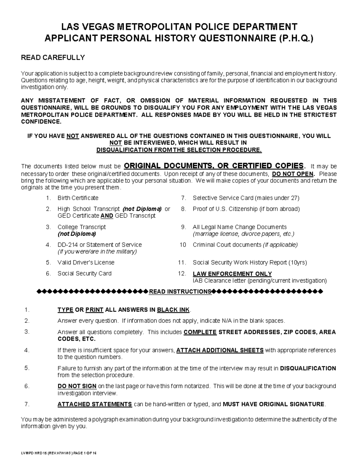 Lvmpd employment - Info - APPLICANT PERSONAL HISTORY QUESTIONNAIRE (P.H ...