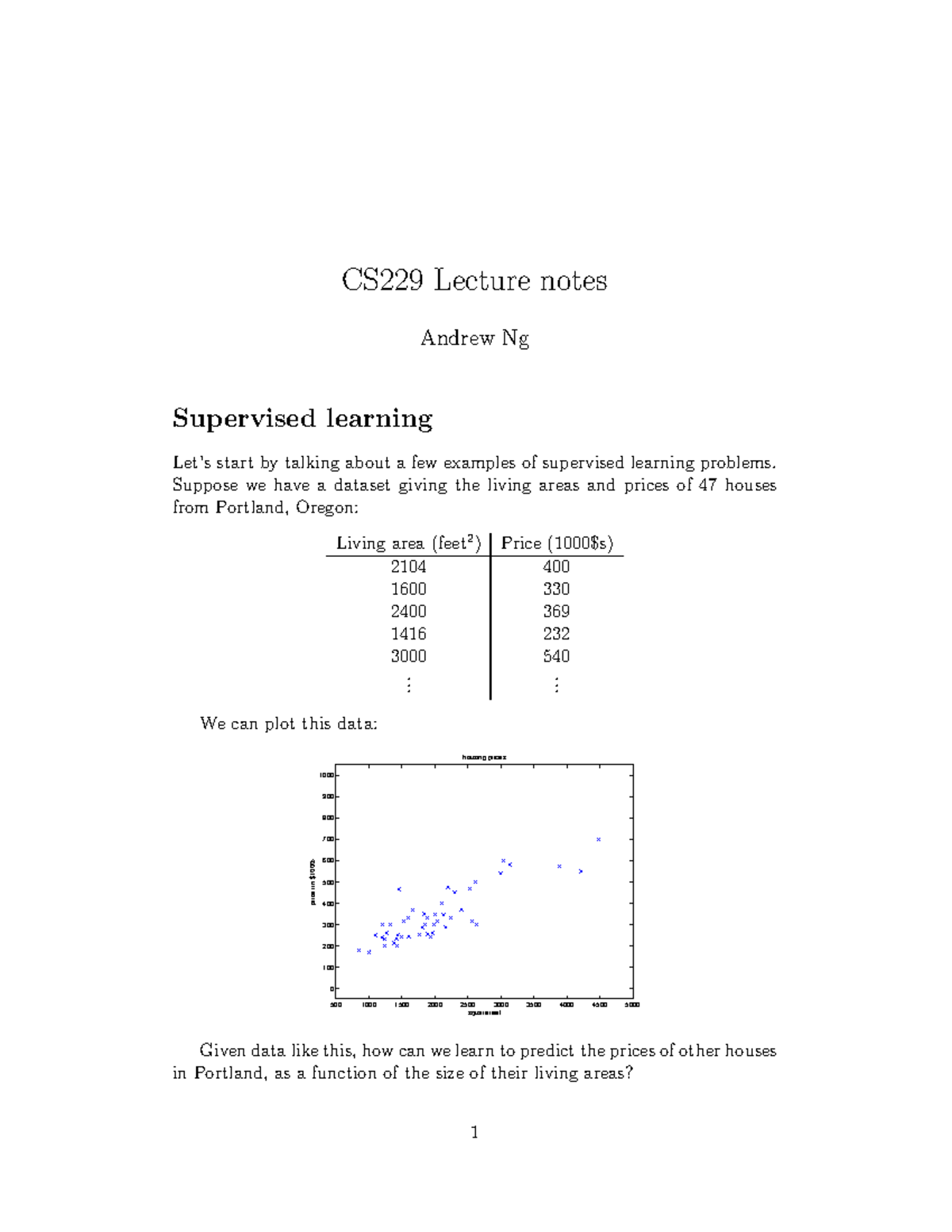Cs229-notes 1 - Machine Learning - CS229 Lecture notes Andrew Ng ...