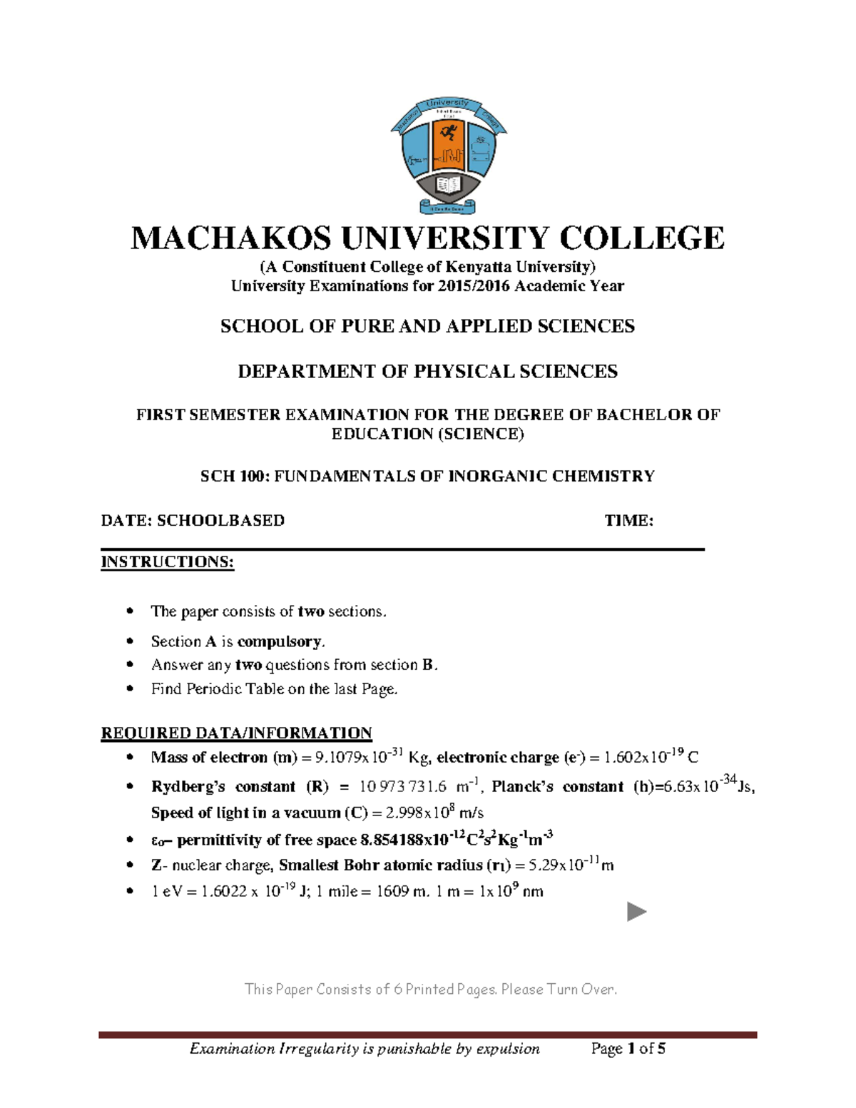 EXAM SCH 100 School based 2016 - MACHAKOS UNIVERSITY COLLEGE (A ...
