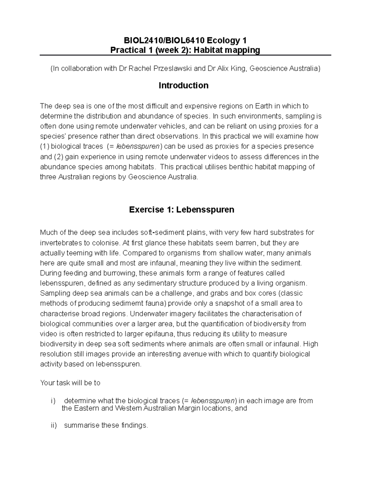 Week 2 prac notes - BIOL2410/BIOL6410 Ecology 1 Practical 1 (week 2 ...