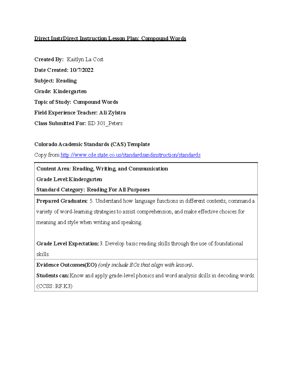 Compound Words Lesson Plan - Direct InstrDirect Instruction Lesson Plan ...