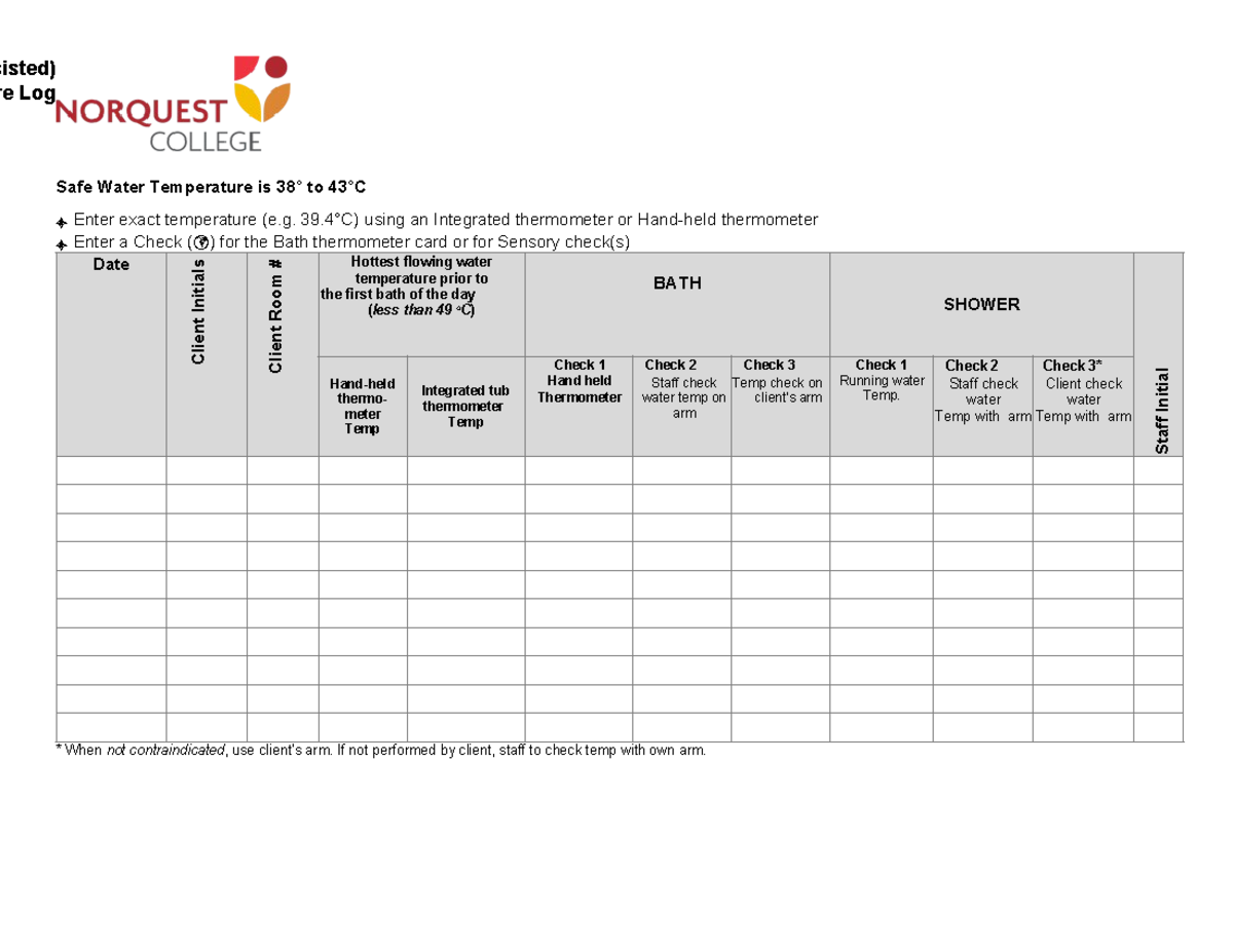 Nor Quest Bath Temperature Log - Safe Water Temperature is 38° to 43°C ...