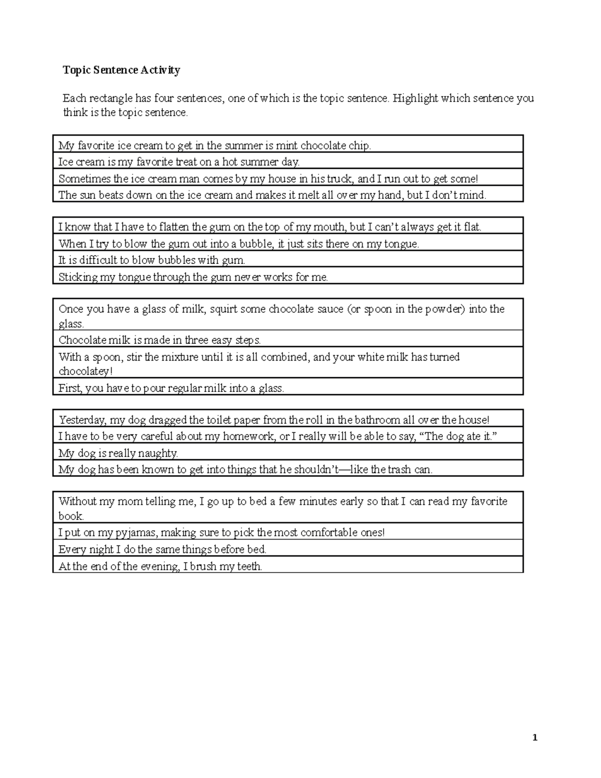Topic sentences 1 word - Topic Sentence Activity Each rectangle has ...