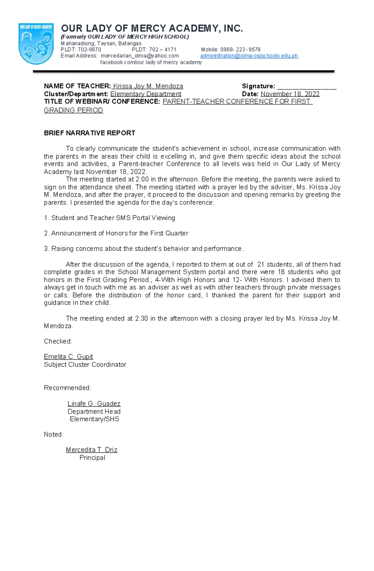 1ST Parent Teacher Conference Narrative Report - OUR LADY OF MERCY ...