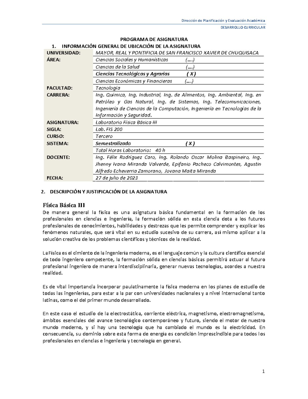 Programa Oficial LAB FIS 200 revisado en 27 julio de 2023 - DESARROLLO CURRICULAR PROGRAMA DE ...