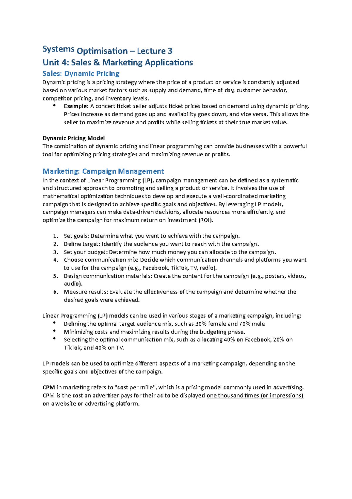 Systems Optimaztion - Lecture 4 - Systems Optimisation – Lecture 3 Unit ...