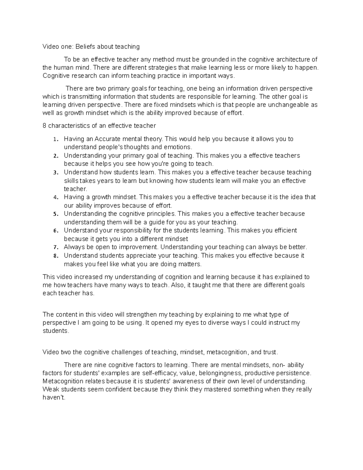 Education 211 2 - Video summaries the class needed to read. - Video one ...