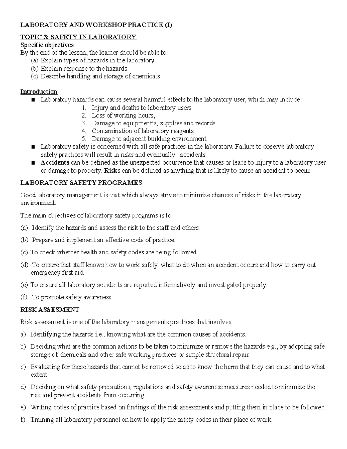 Topic 3 Safety in Laboratory notes-1 - LABORATORY AND WORKSHOP PRACTICE ...