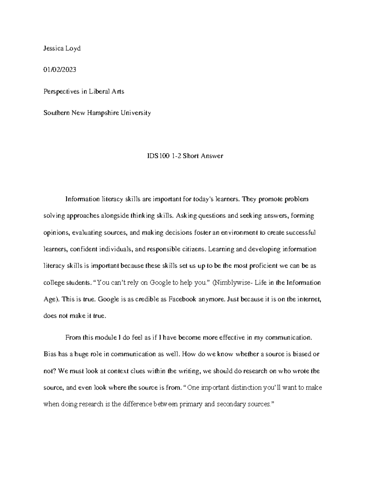 IDS100 Perspectives in Liberal Arts 1-2 Short Answer - Jessica Loyd 01 ...
