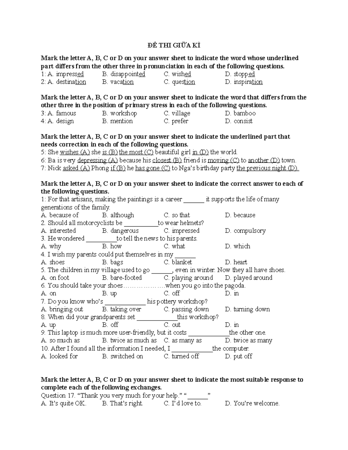 Đề thi giữa kì I, lớp 9 - đề thi - ĐỀ THI GIỮA KÌ Mark the letter A, B, C or D on your answer ...