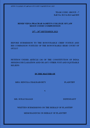 Moot - moot court - IN THE COURT OF HON’BLE HIGH COURT OF DELHI IN THE ...