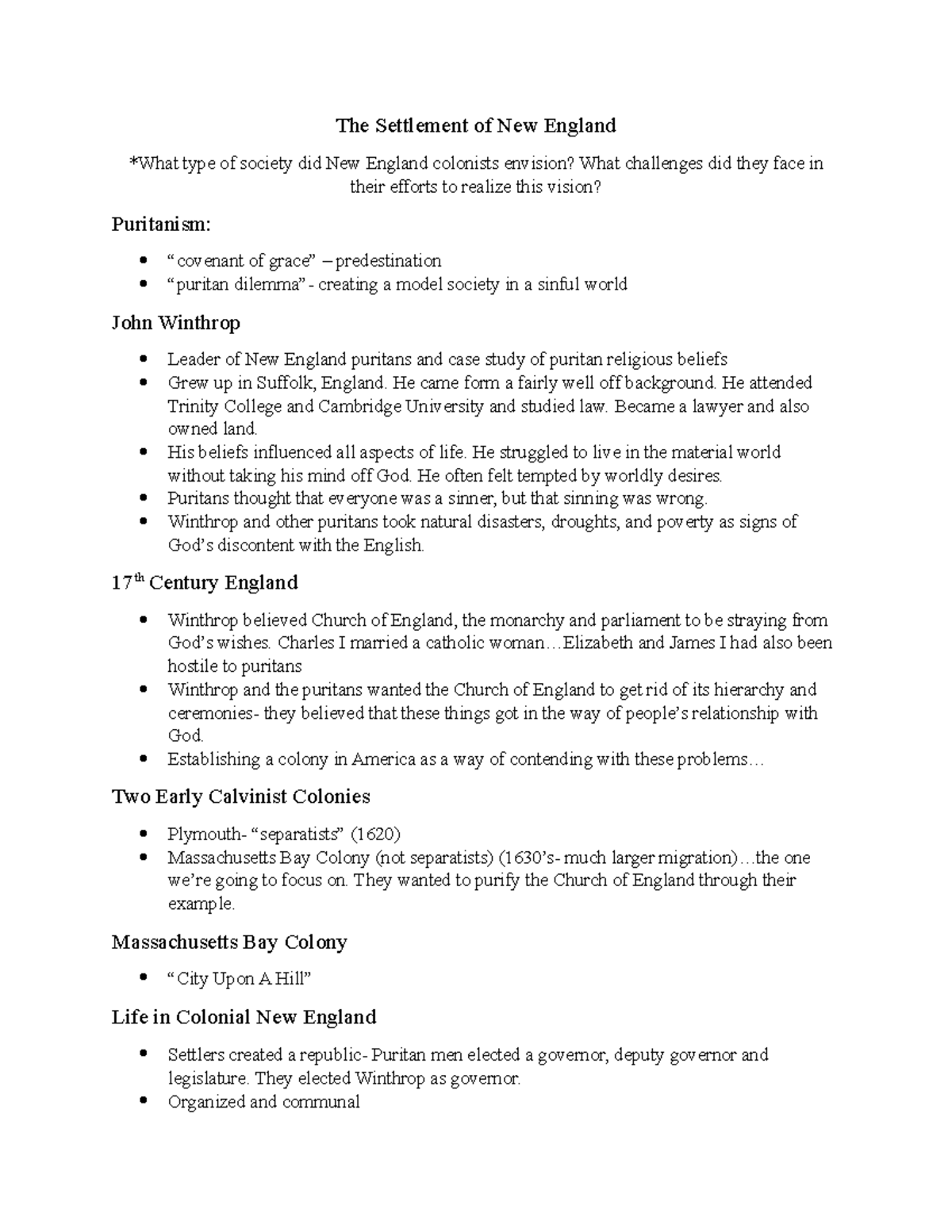 History 1301 Chapter 5 notes - The Settlement of New England *What type ...